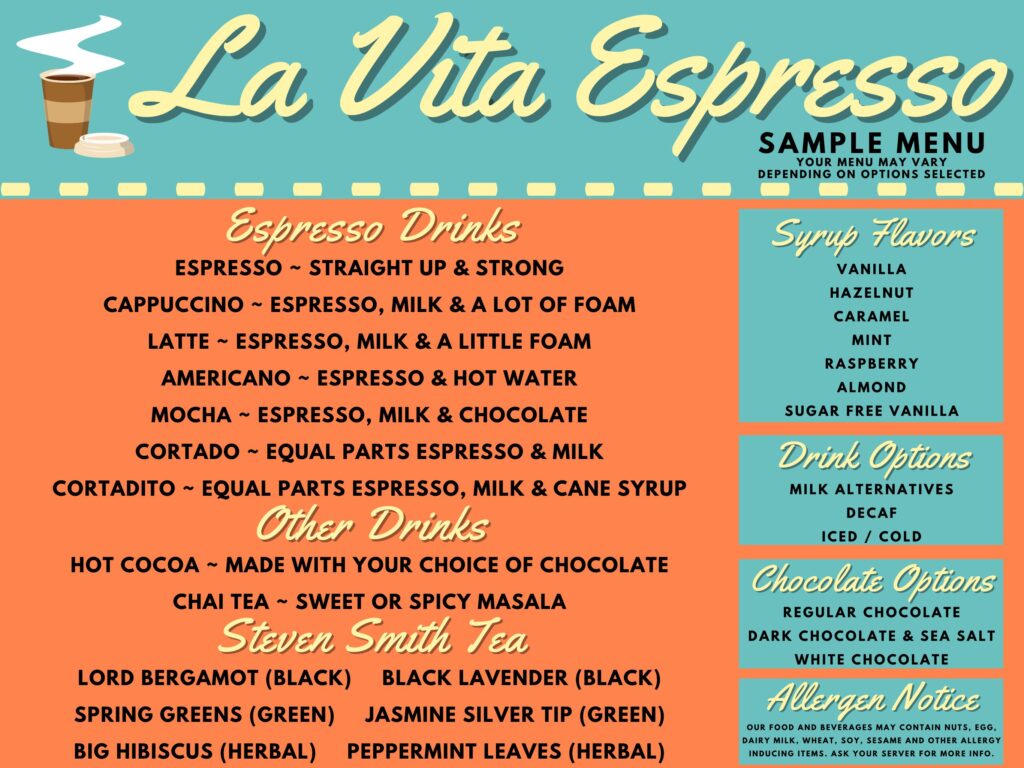 Coffee Bar Menu - Sample - La Vita Espresso